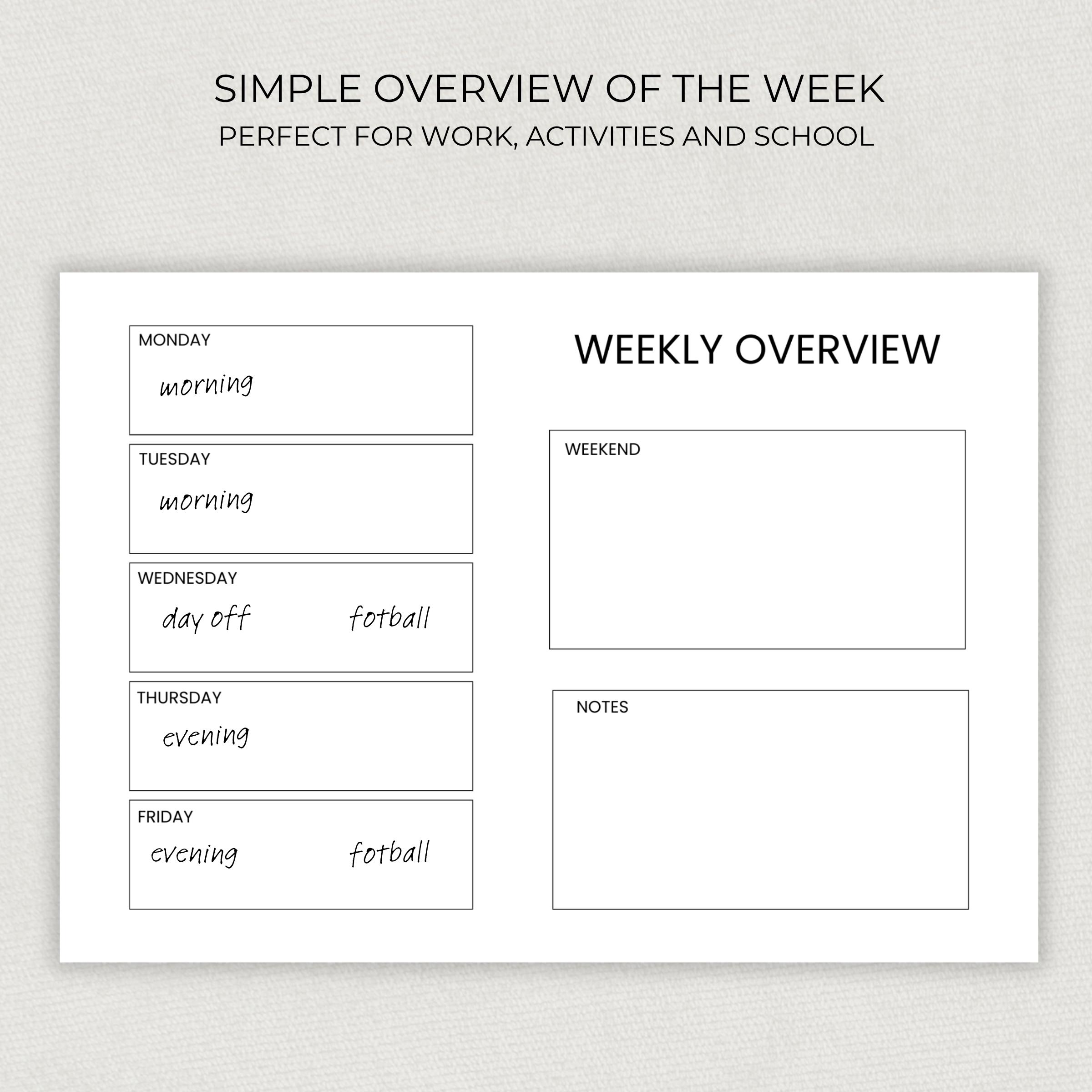 Simple Weekly Schedule Printable Planner, Week at a Glance PDF, Work ...