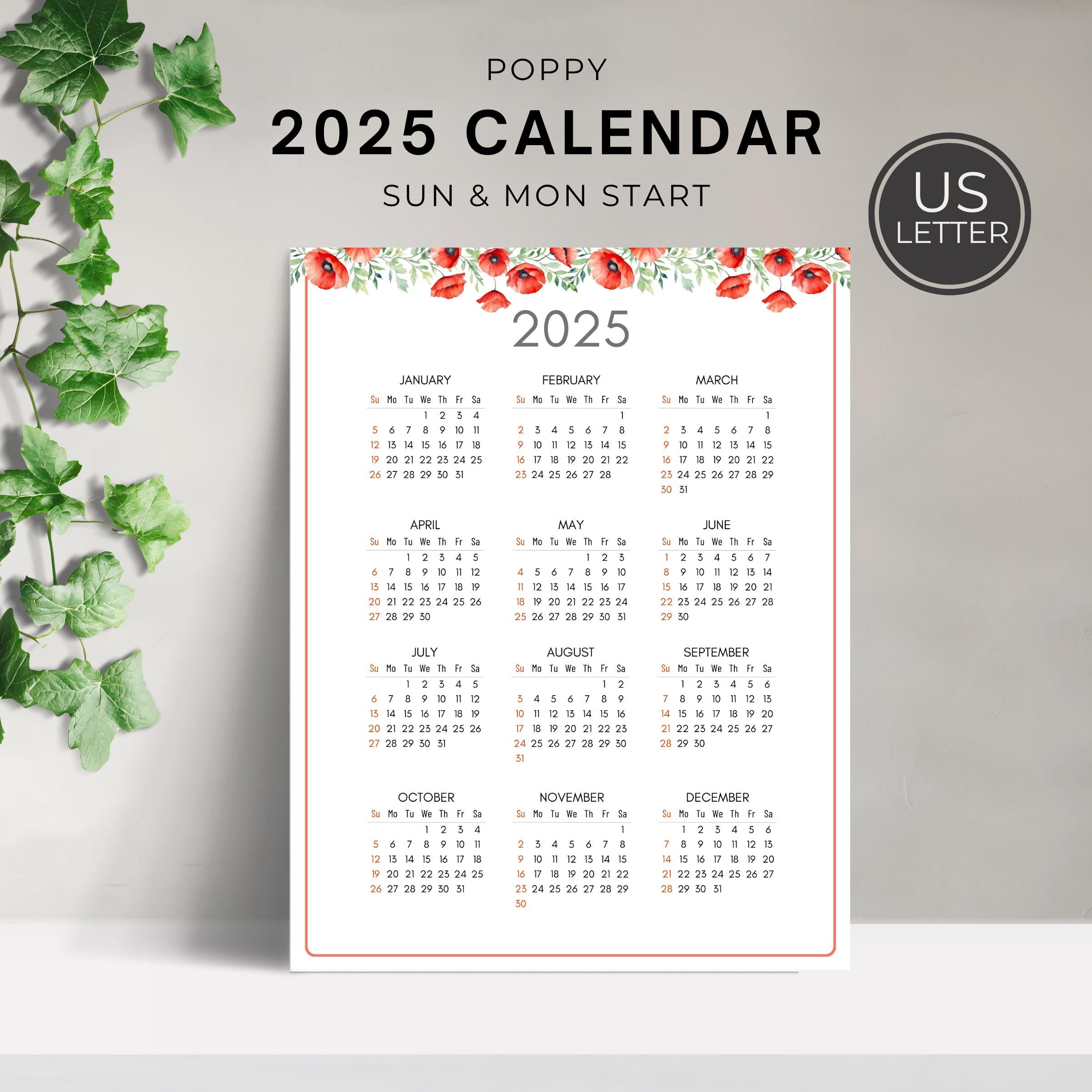 2025 Printable Poppy Flower Calendar, Yearly Overview, Office Must-have ...
