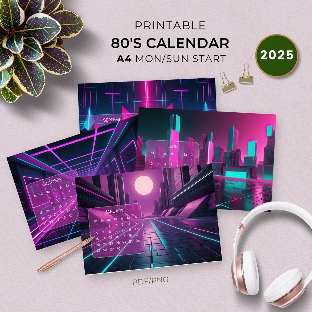 80s Retro 2025 Calendar, Digital Wall Planner, Monthly Printable, A4 ...