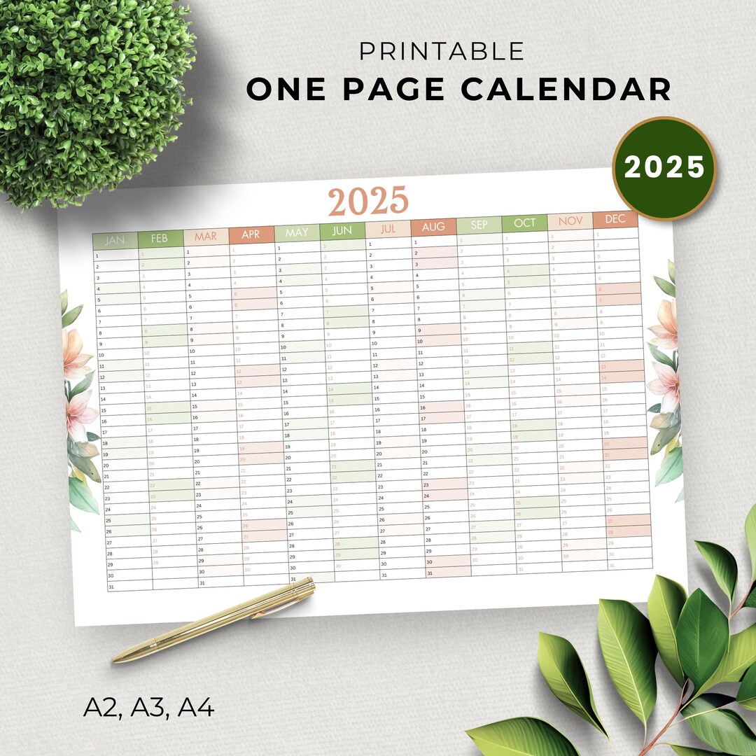 Peachy 2025 Wall Calendar, Floral Calendar, One Page Annual Calendar ...