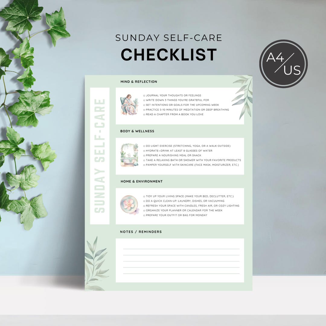Self-care Sunday Checklist: Printable Planner (PDF Download A4/US ...