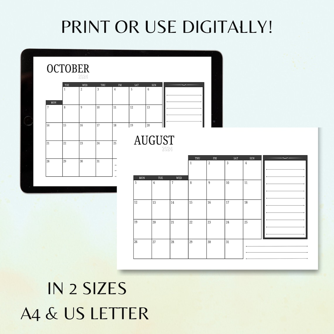 Simple Black and White 2024 Printable Calendar Instant - Etsy