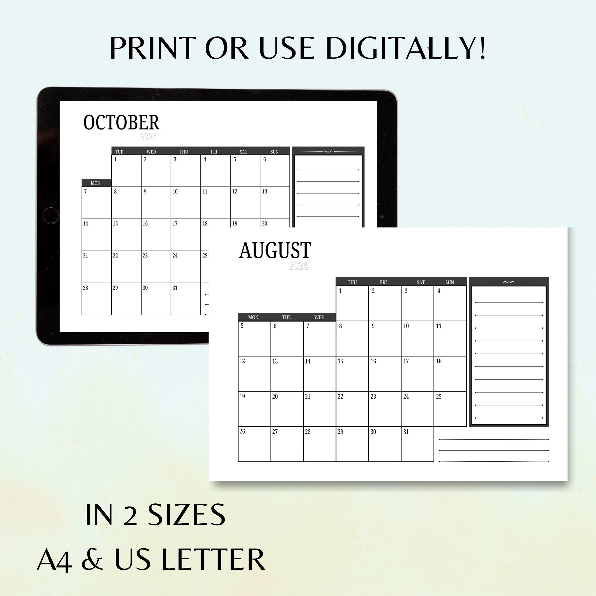Simple Black and White 2024 Printable Calendar Instant - Etsy