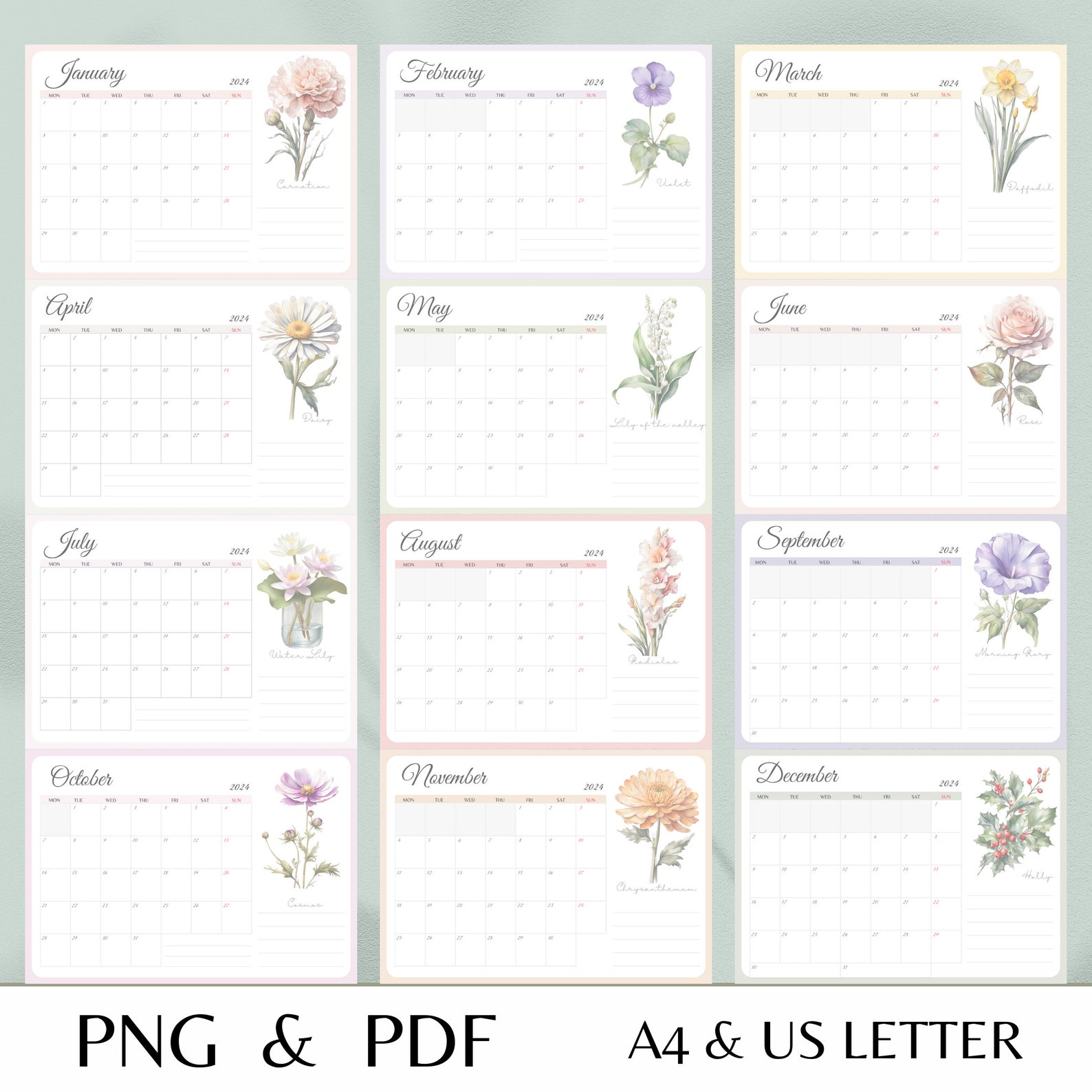 Printable Birth Flower Calendar 2024, Soft Colors, Instant Download, A4 ...