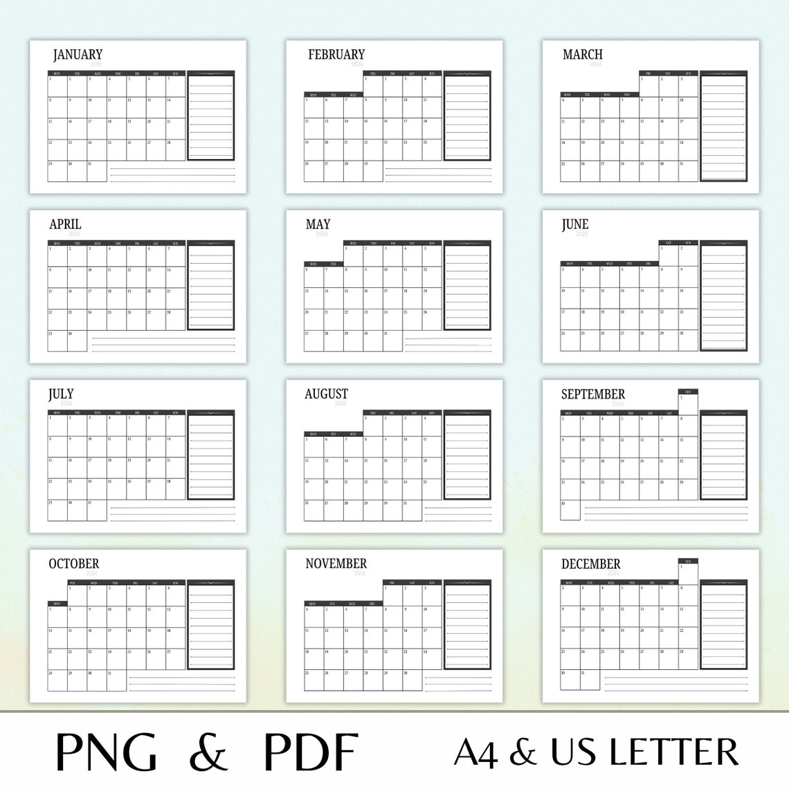 Simple Black and White 2024 Printable Calendar Instant - Etsy