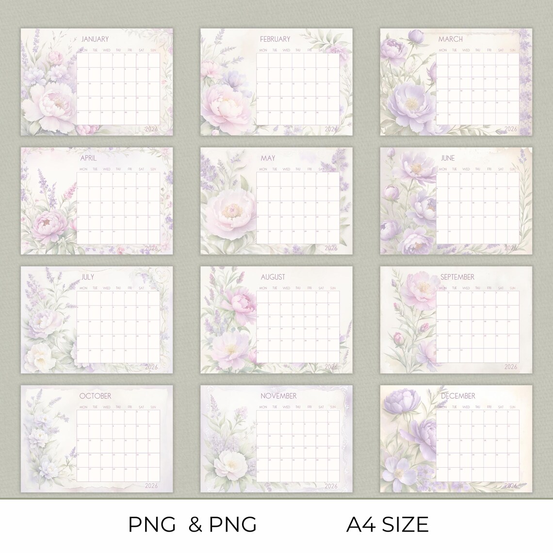 2026 Floral Wall Calendar: Peony & Lavender Garden Design (A4 Printable ...
