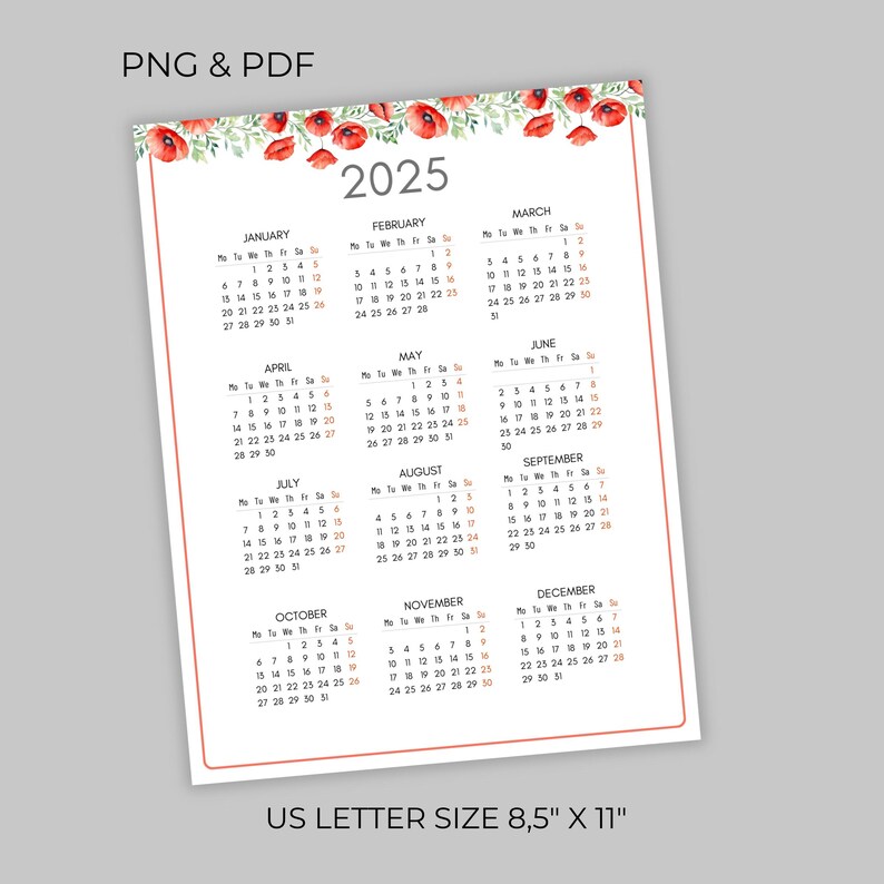2025 Printable Poppy Flower Calendar, Yearly Overview, Office Must-have ...