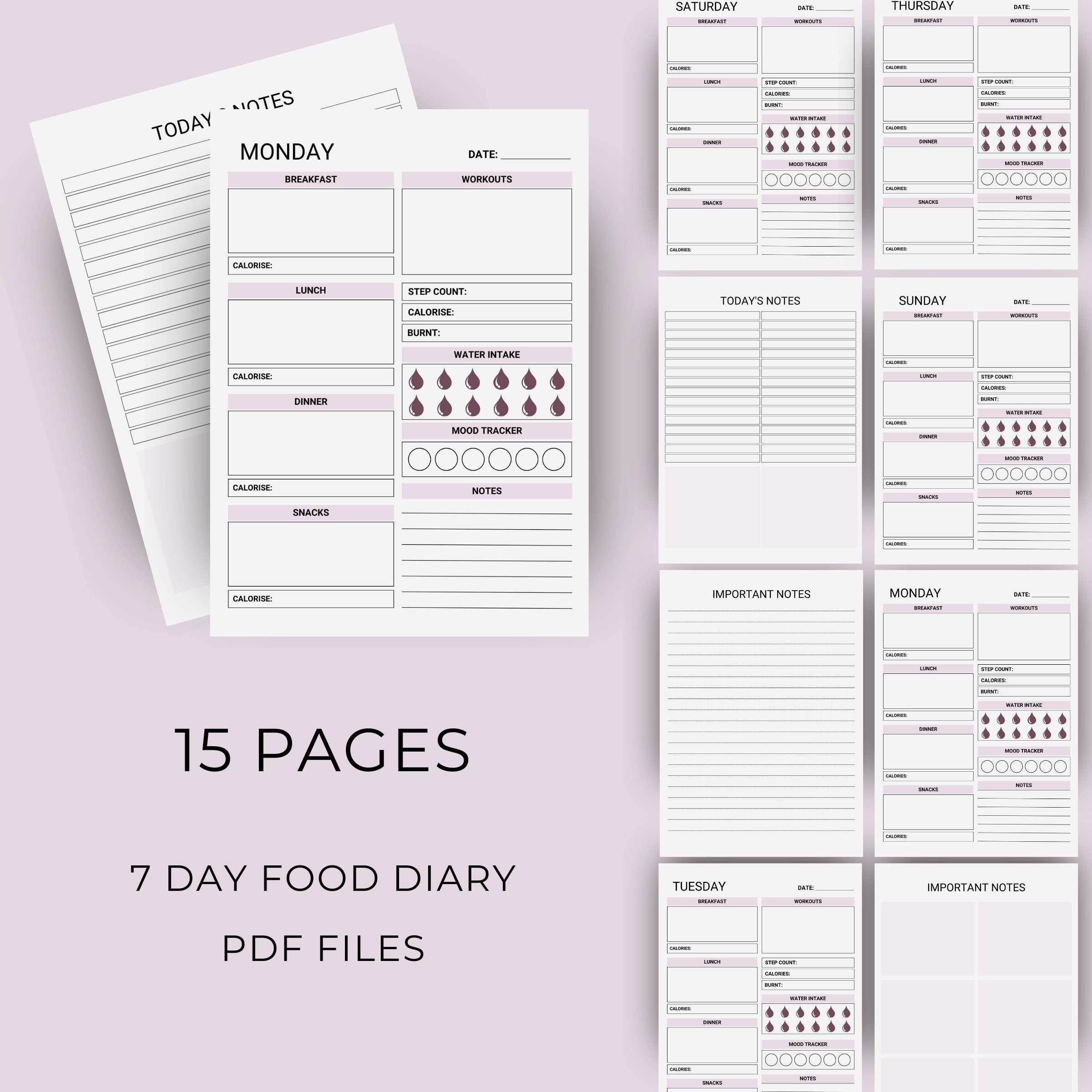7 Day Food Diary Printable, Calorie Tracker, Instant Download, Daily ...