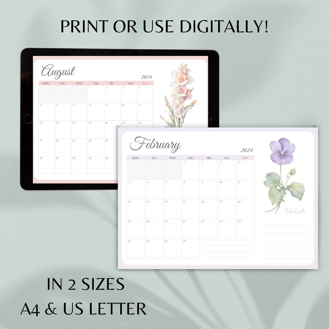 Printable Birth Flower Calendar 2024, Soft Colors, Instant Download, A4 ...