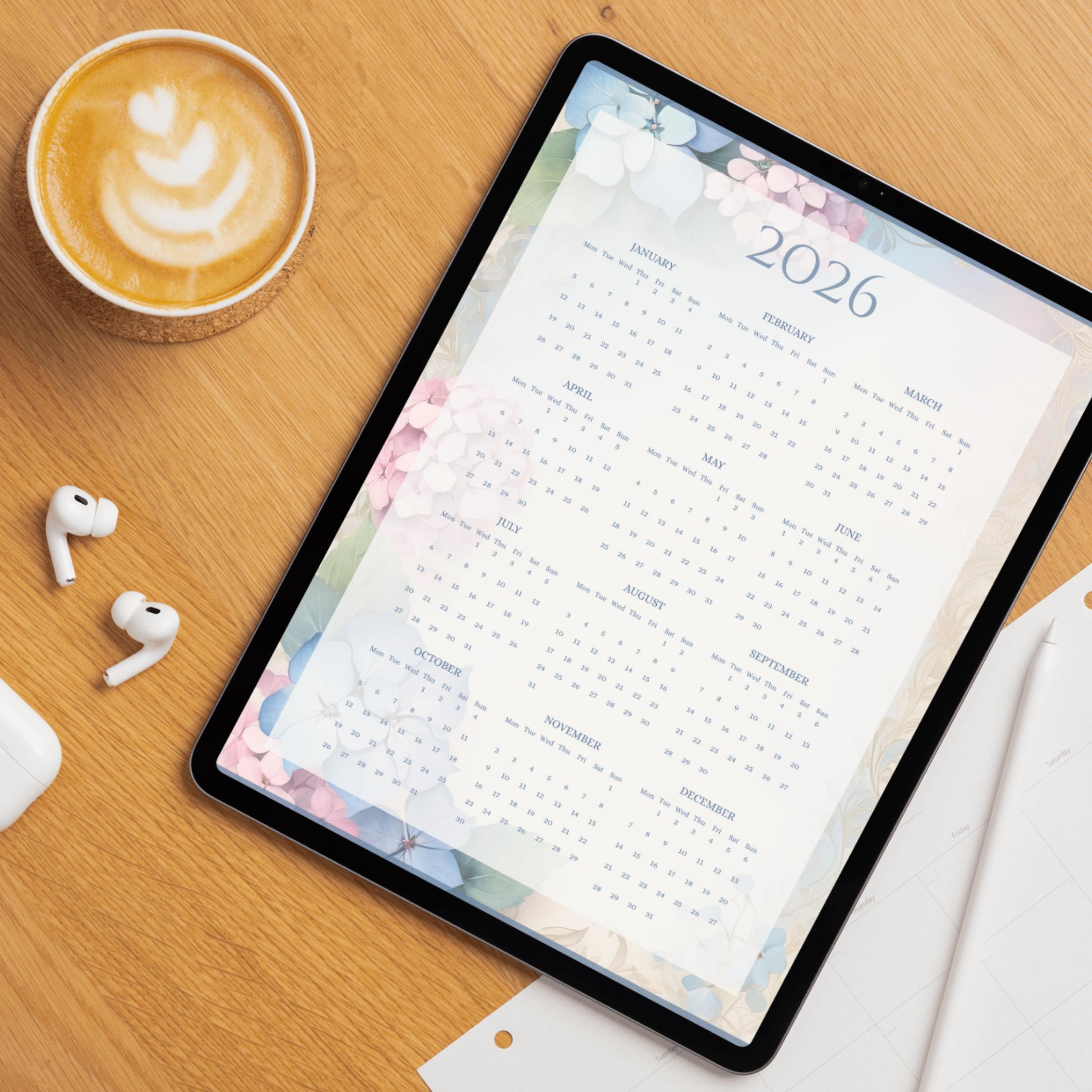 2026 Hydrangea Calendar: Printable One Page Yearly Planner (US Letter ...