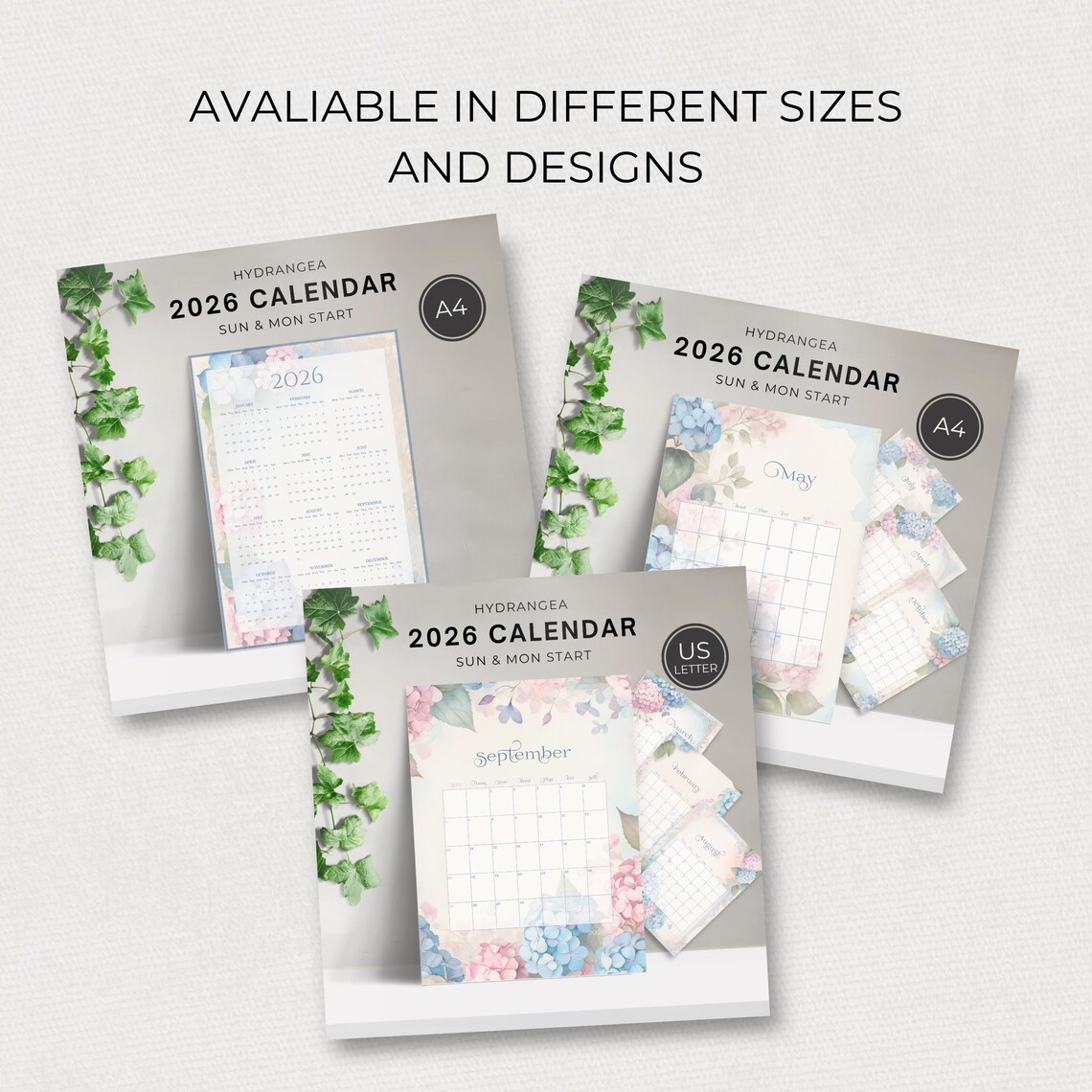 2026 Hydrangea Calendar: Printable One Page Yearly Planner (US Letter ...