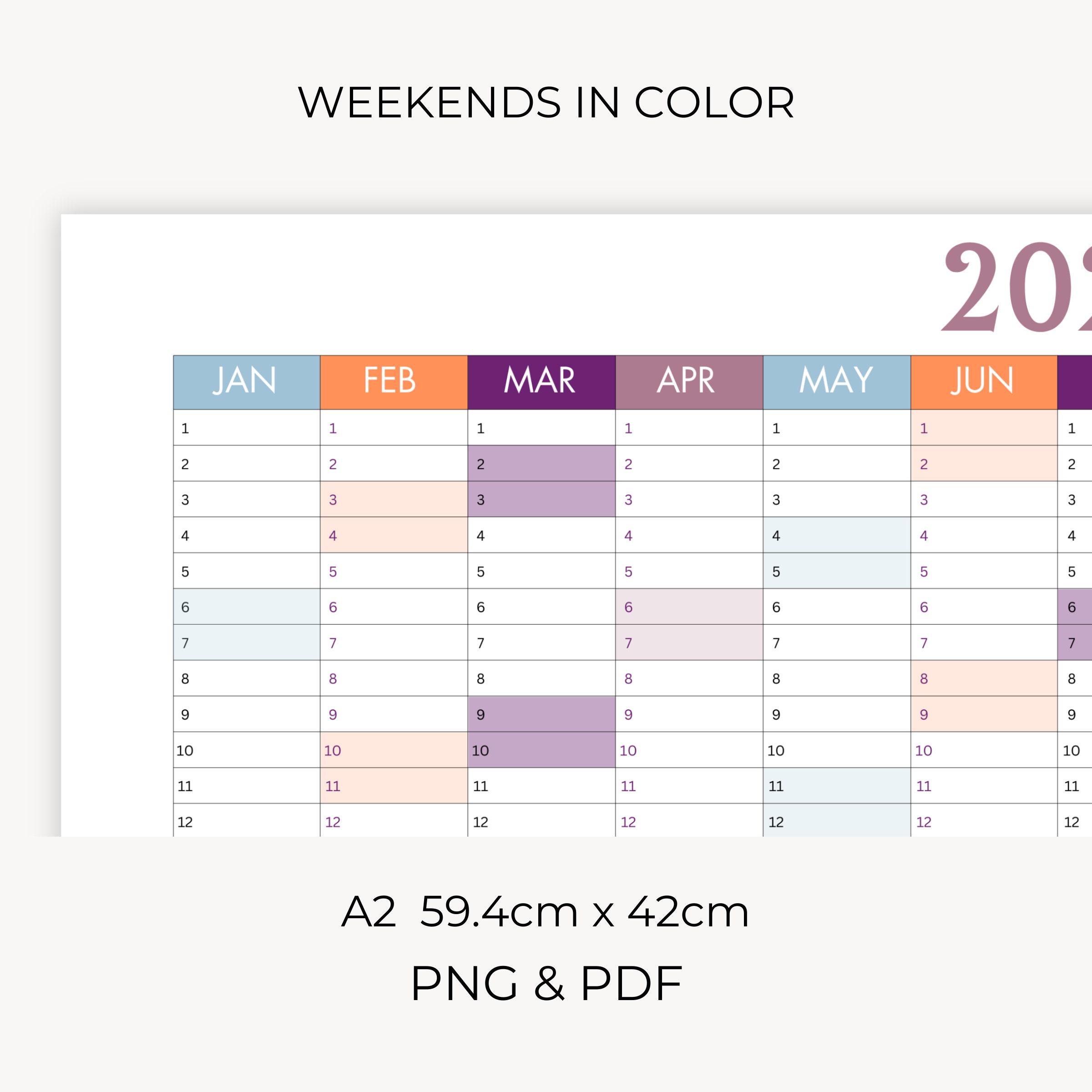 Vivid Color Yearly Calendar 2024, Printable One Page Calendar, Floral ...
