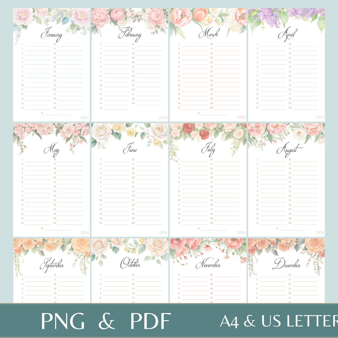 2024 Floral Calendar 2024 Printable Flower Calendar Stay Organized in ...