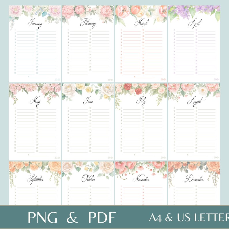 2024 Floral Calendar 2024 Printable Flower Calendar Stay Organized in ...