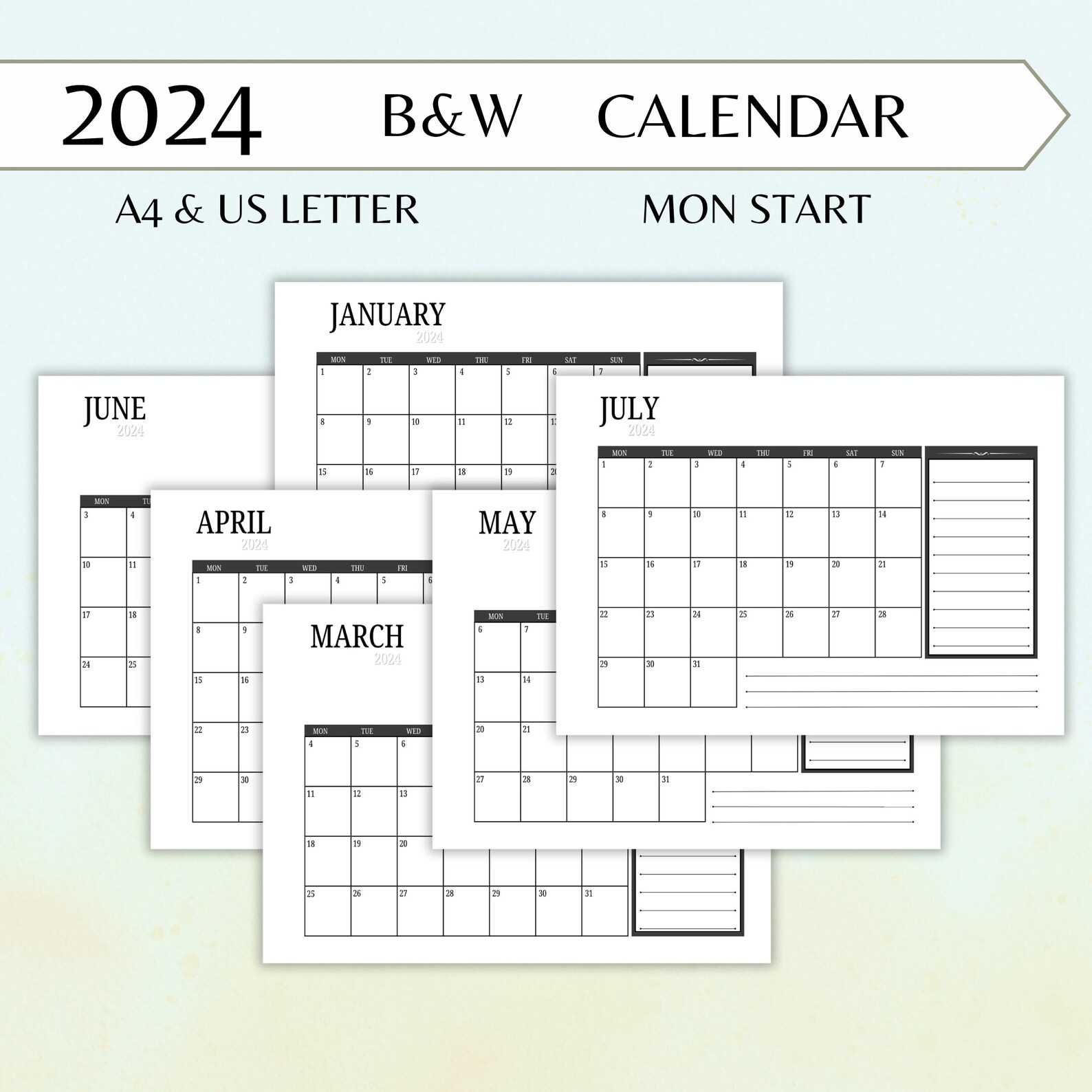 Simple Black and White 2024 Printable Calendar Instant - Etsy