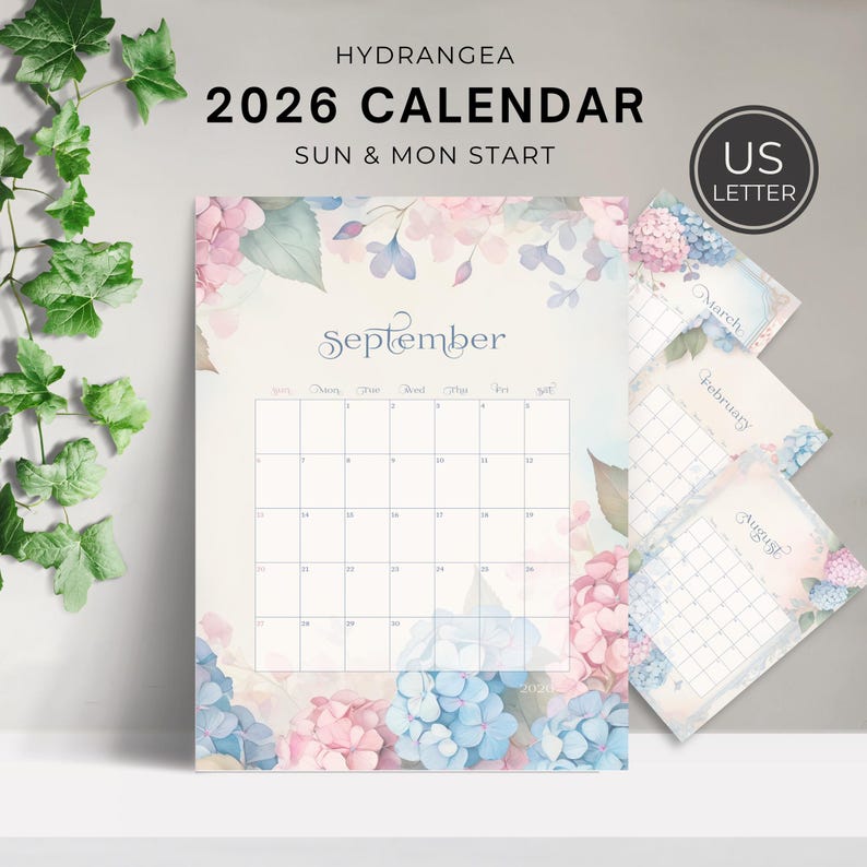 2026 Hydrangea Calendar: Floral Wall Planner, US Letter (digital ...