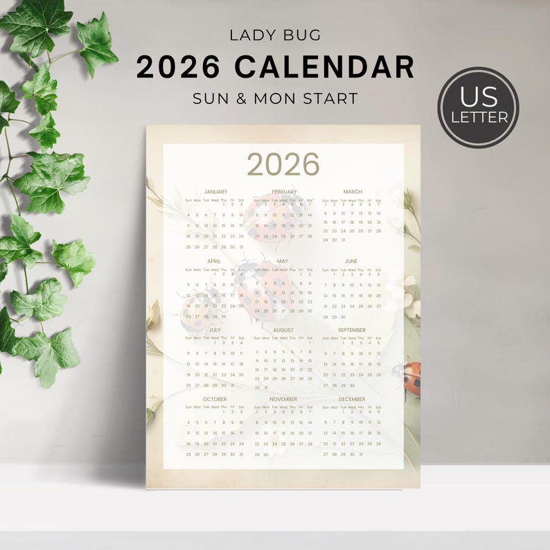 2026 Ladybug Calendar: One Page Printable, US Letter (PDF Download) - Etsy