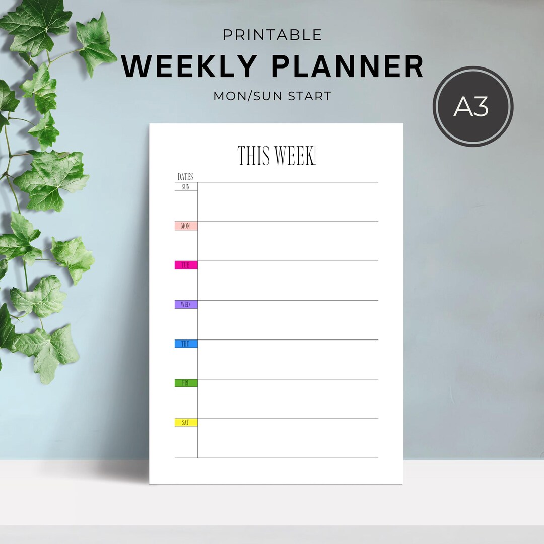 Neon Weekly Planner Printable: Minimalist Undated Agenda (PDF & PNG A3 ...