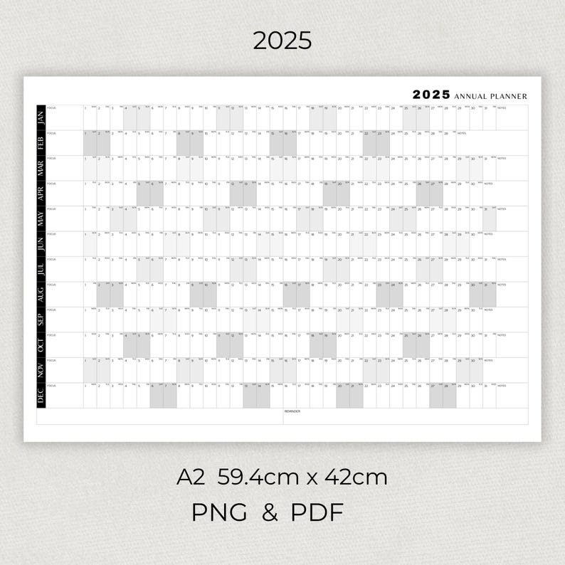 2025 One Page Calendar, Printable PDF, Monochrome Annual Planner ...
