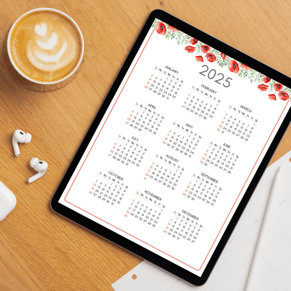 2025 Printable Poppy Flower Calendar, Yearly Overview, Office Must-have ...
