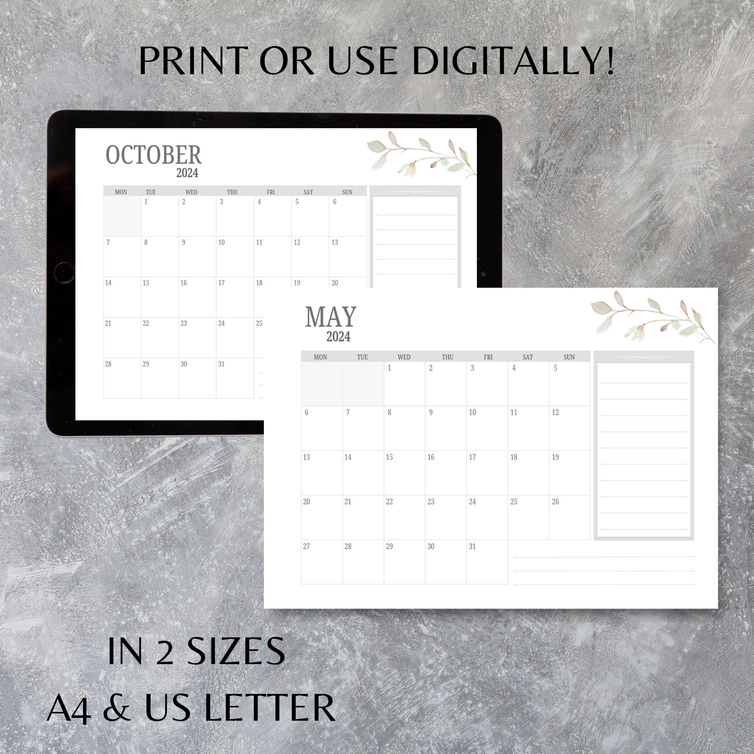 2024 Calendar Printable, Monthly Planner, Foliage Decoration, Digital ...