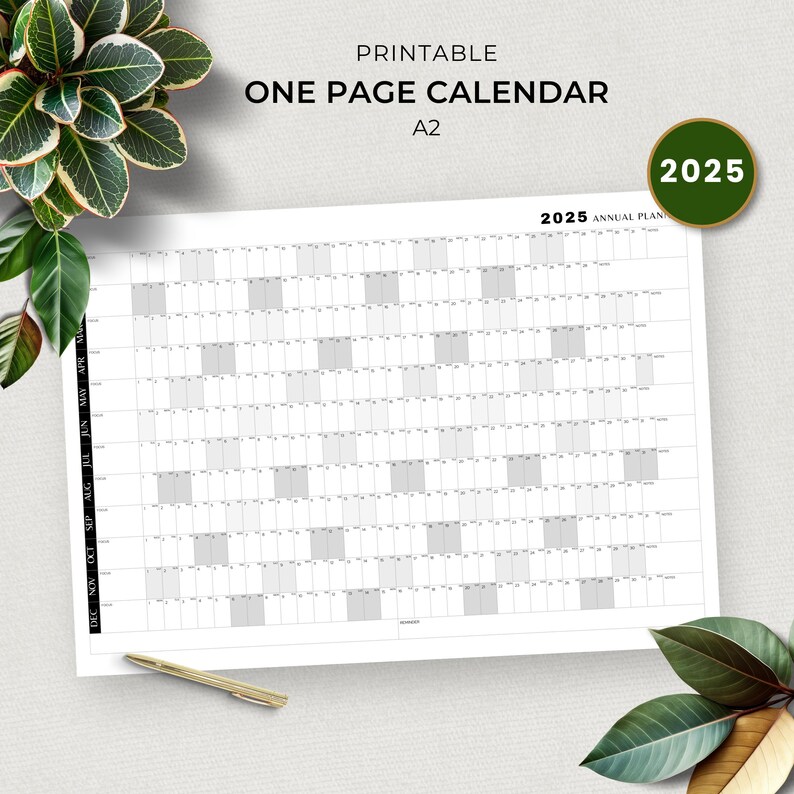 2025 One Page Calendar, Printable PDF, Monochrome Annual Planner ...