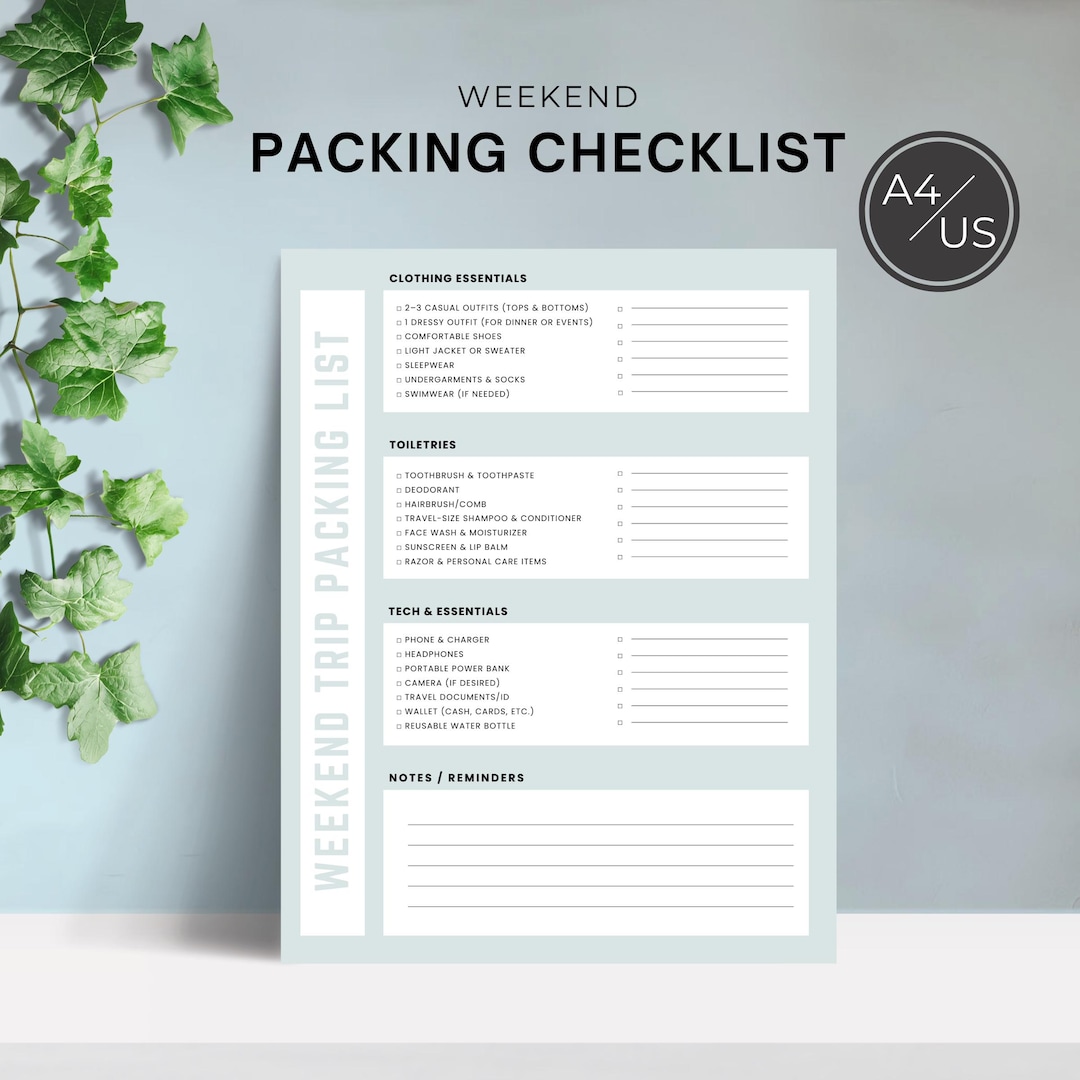 Weekend Travel Packing List: Printable Checklist (PDF & PNG Digital ...