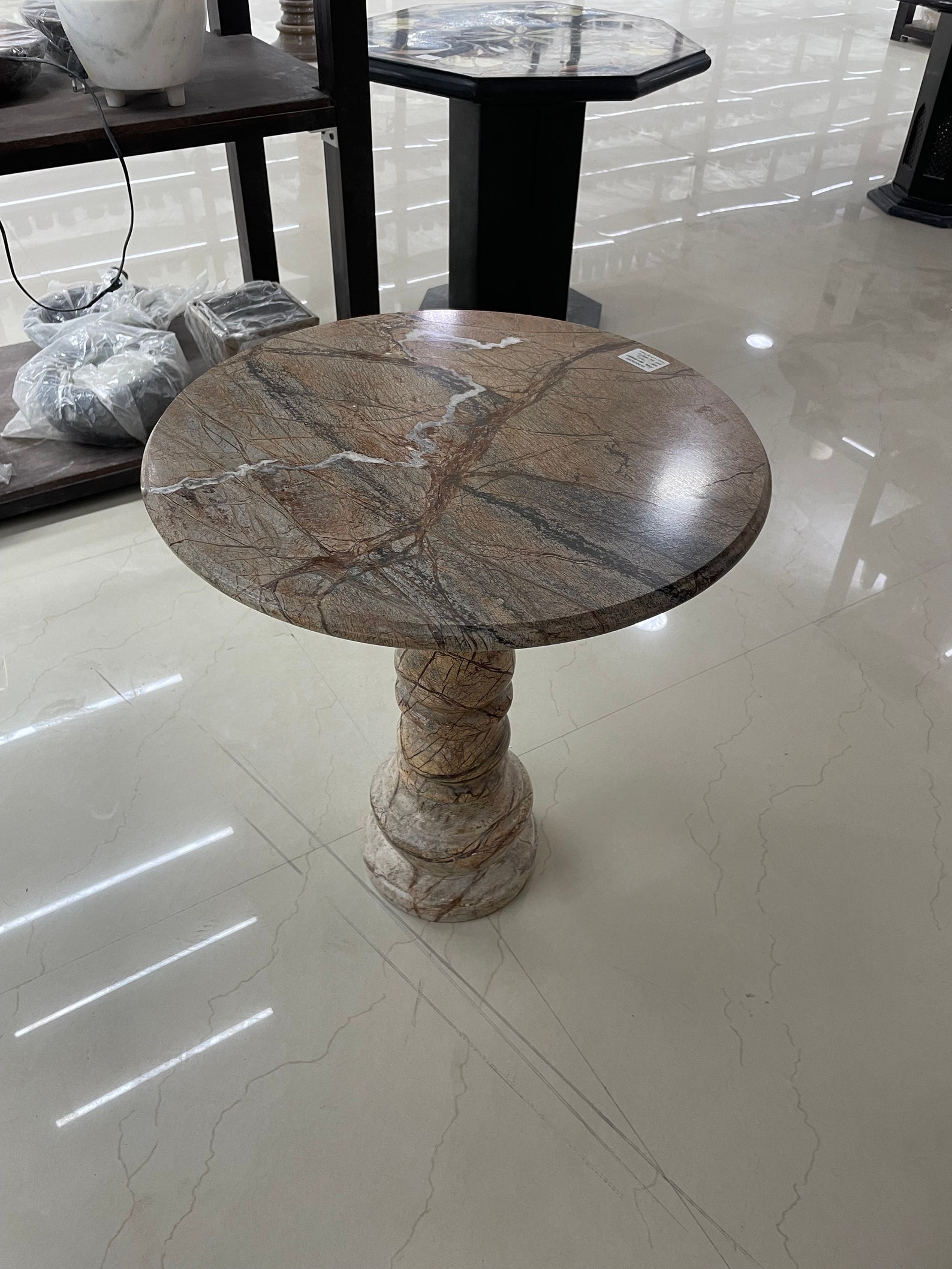 Turning Marble Coffee Table, Hand Carved Brown Marble Side Table for ...