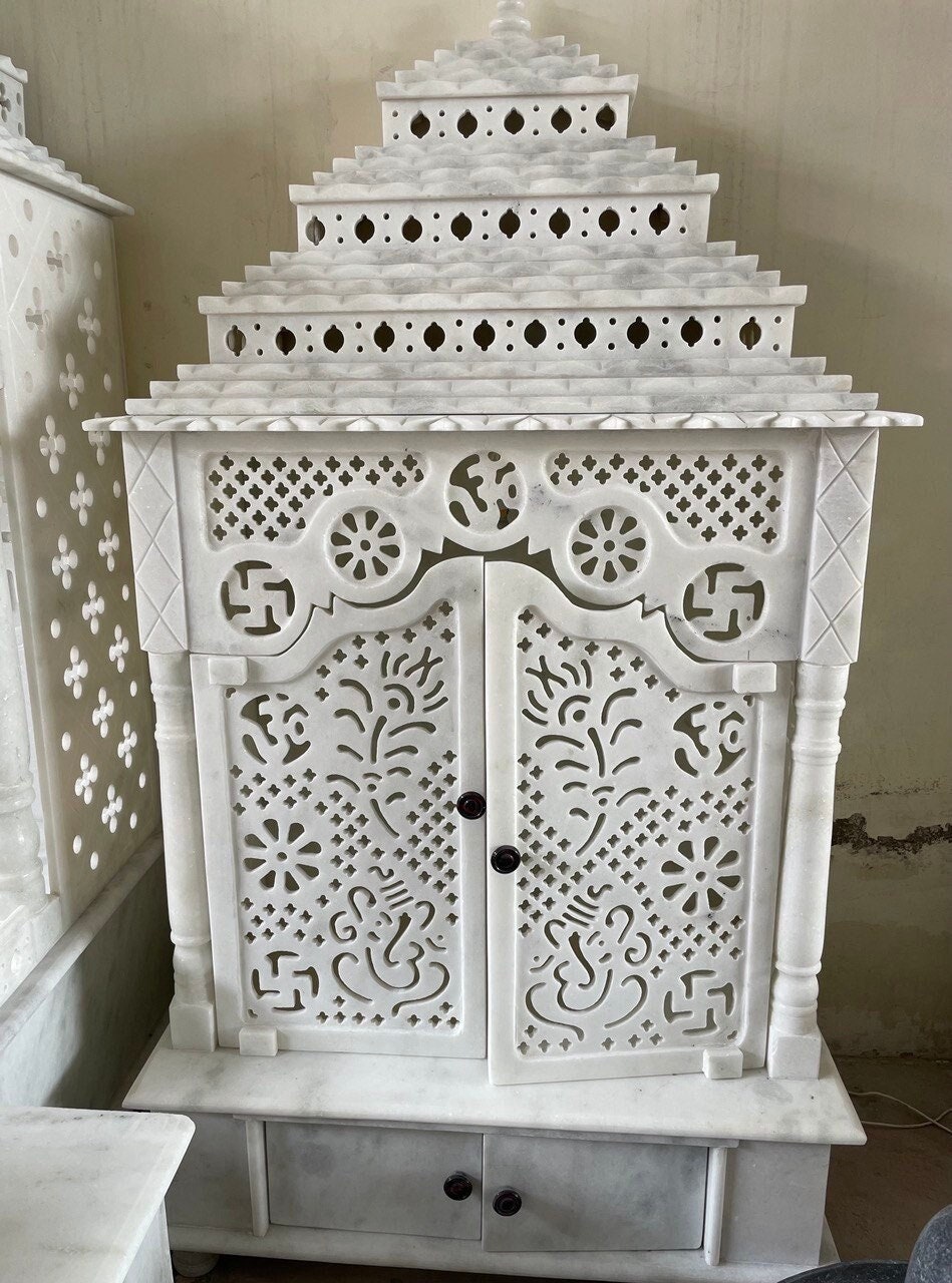 3 Feet Beautiful White Marble Hand Carved Temple With Doors, Hindu ...