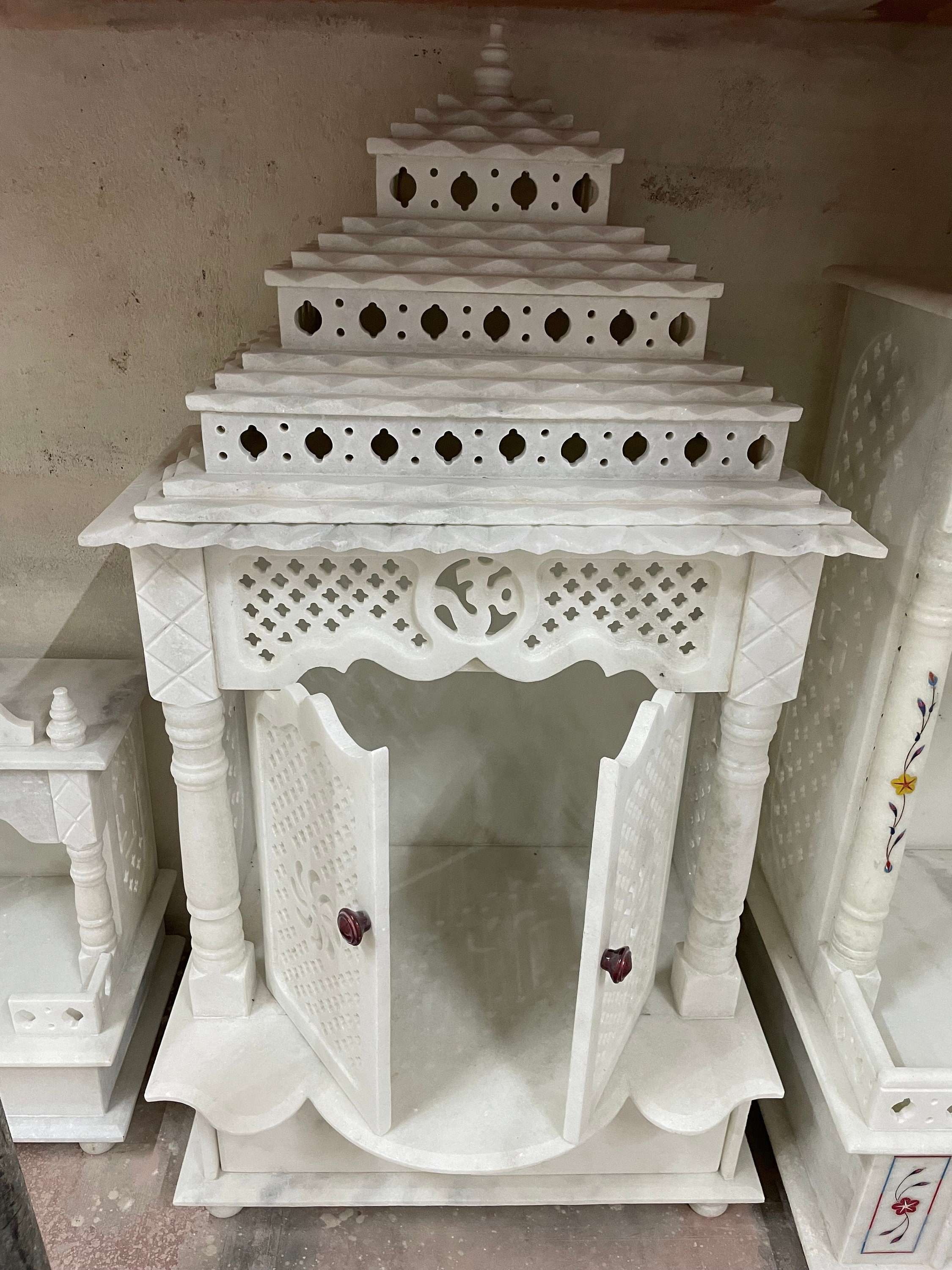 3 Feet Beautiful White Marble Hand Carved Temple With Doors, Hindu ...