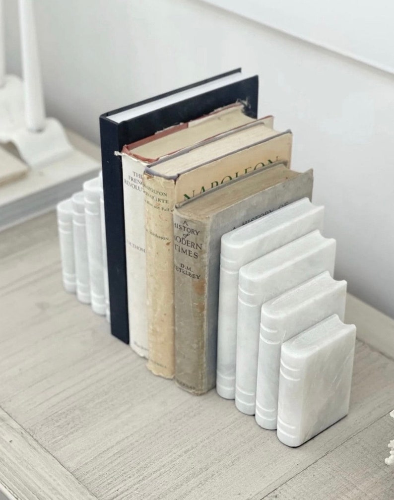 White Marble Bookends With Books Shape, Set of 2 Bookends, Modern ...