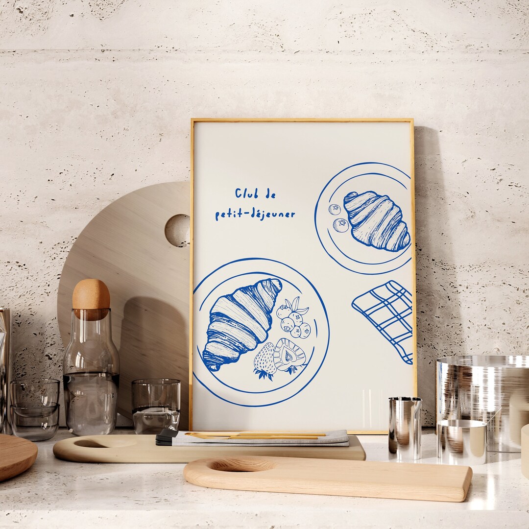 Hand Drawn L Blue Croissant Print L French Breakfast L Food Art for ...