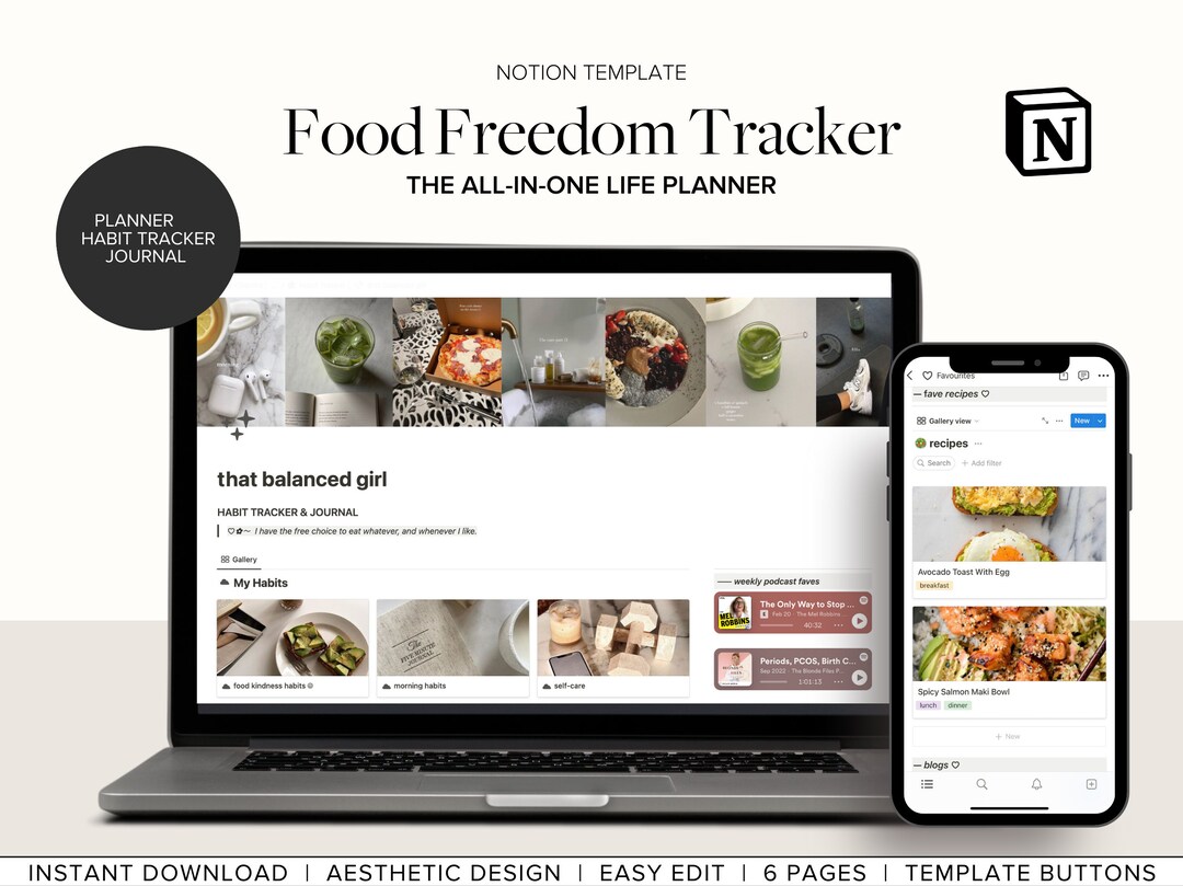 Notion Food Freedom Habit Tracker, Journal Notion Template, All in One ...