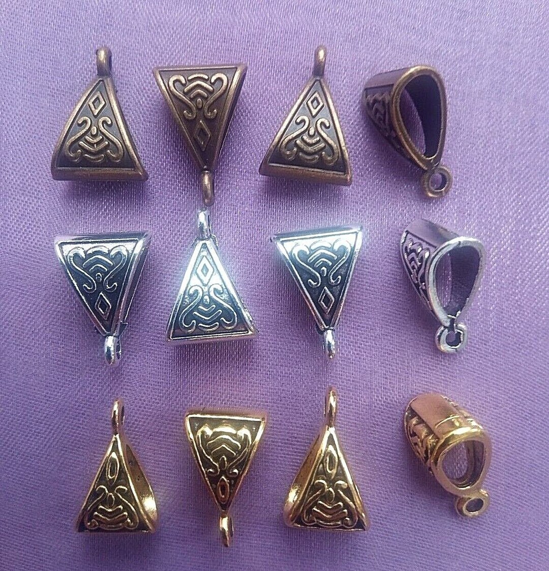 10 or 20 Silver Gold Bronze TRIANGLE SCROLL BAILS Hanger Bracelet ...