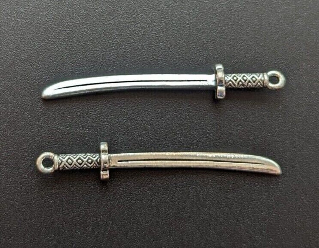 1, 2 or 5 Large 3D KATANA/SAMURAI SWORD Charm Pendant Silver 50mm X 8mm ...