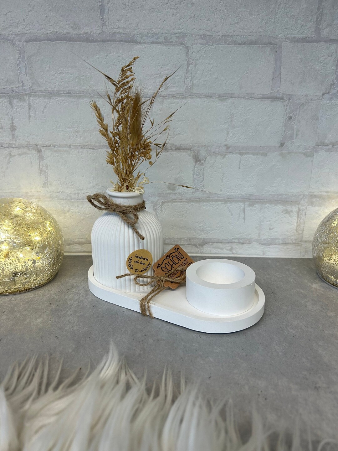 Deko Wohnzimmer Trockenblumen Vase Kerzenhalter Keraflott Holz Tablett ...