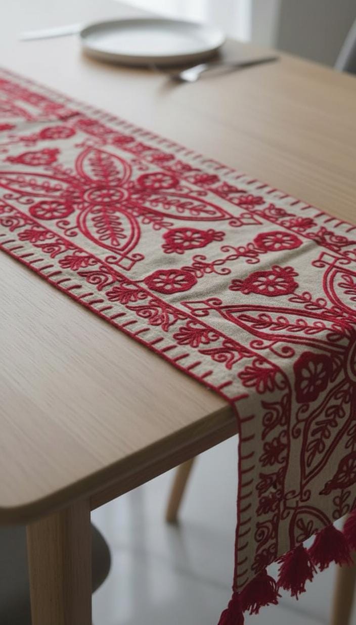 Red Embroidered Table Runner: Chambray Cotton With Festive Fringe - Etsy