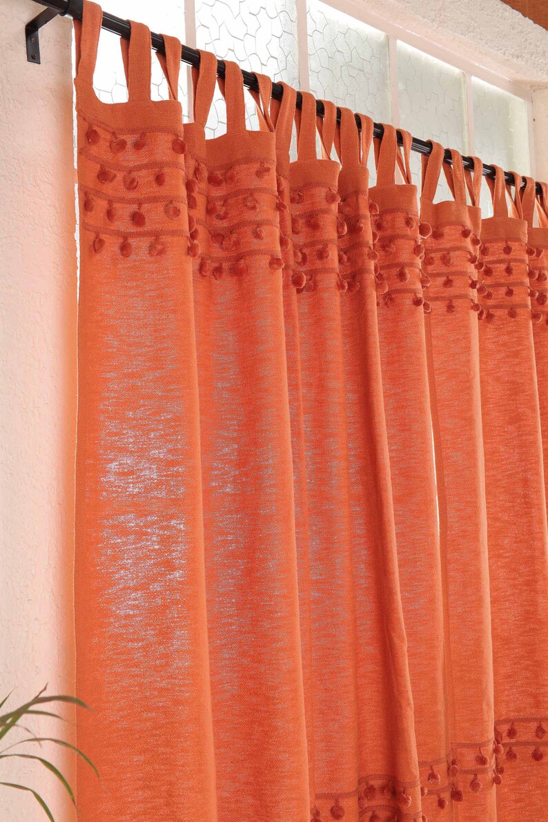 Burnt Orange Pom Pom Curtain Boho Cotton Curtain Handmade Custom ...