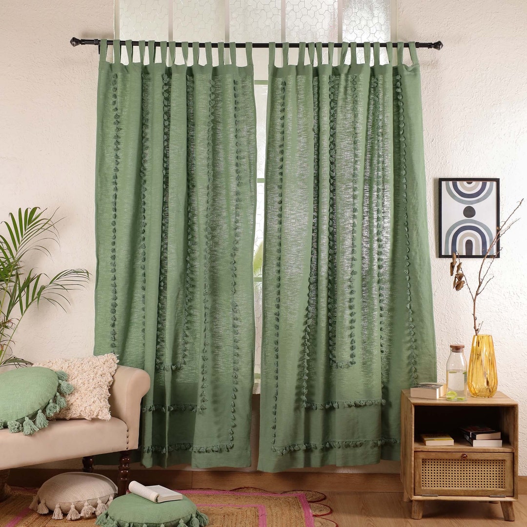 Sage Green Fringes Curtain Handmade Customize Size Curtain Bohemian ...
