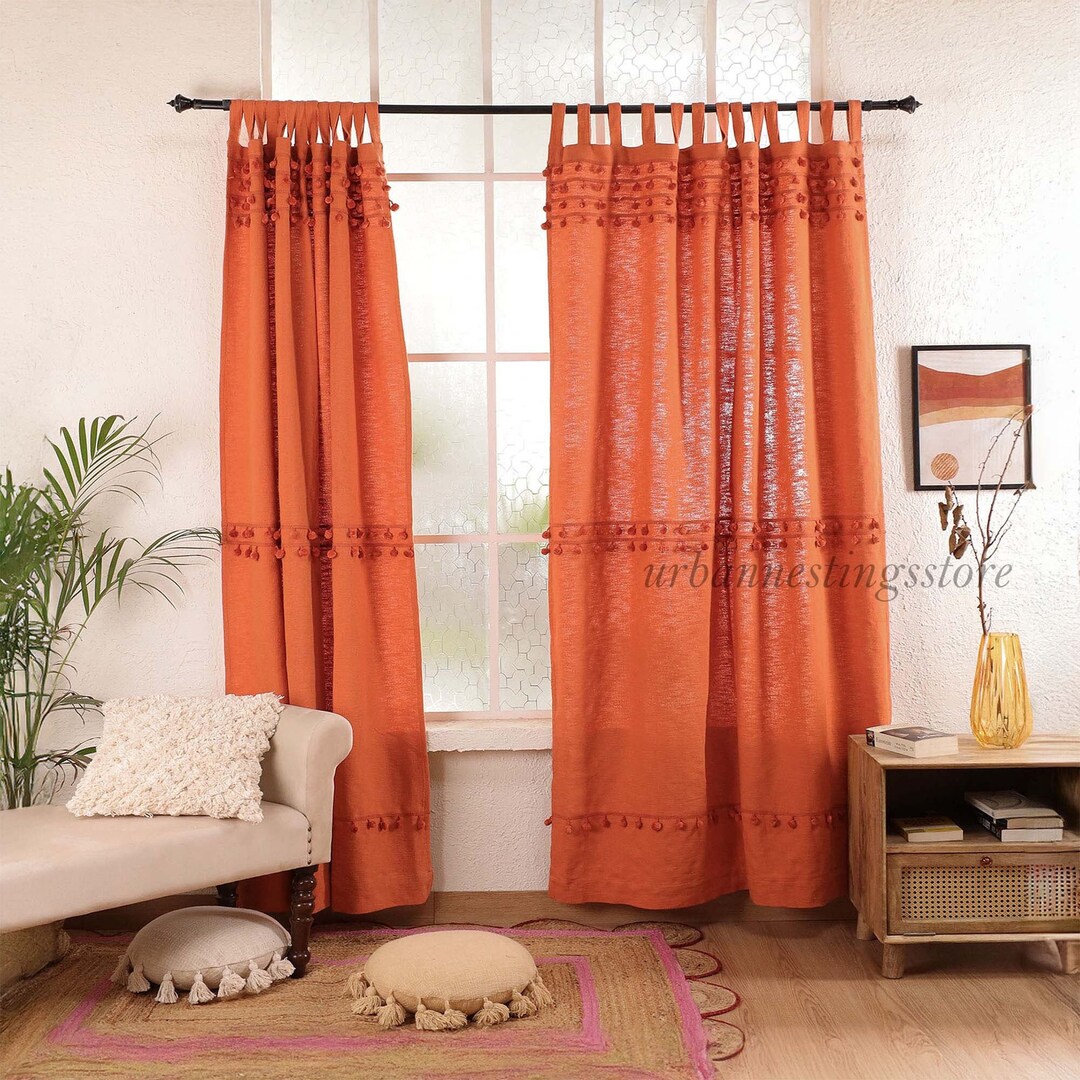 Burnt Orange Pom Pom Curtain Boho Cotton Curtain Handmade Custom ...