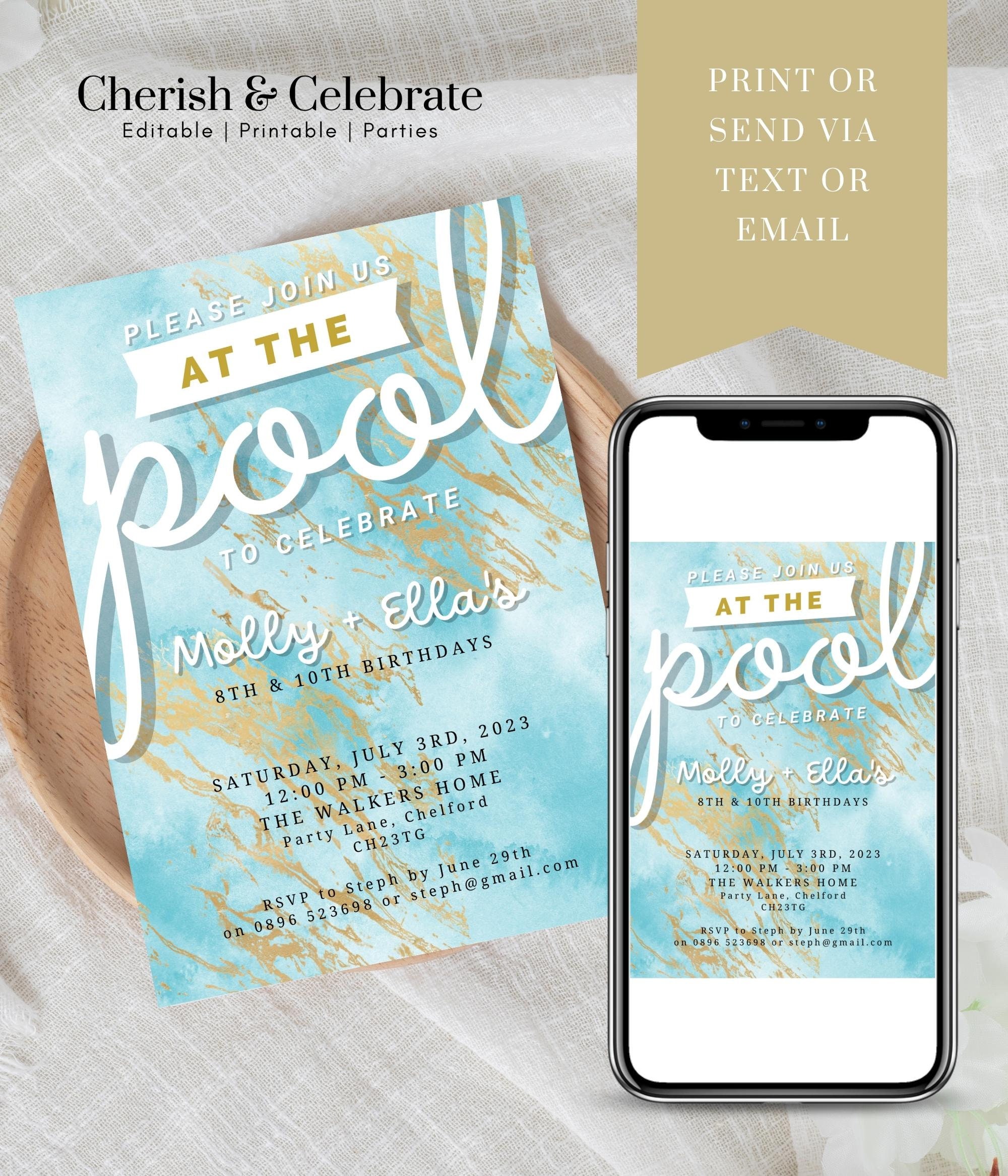 Blue Gold Pool Party Birthday Invitation | Editable Swimming Birthday ...