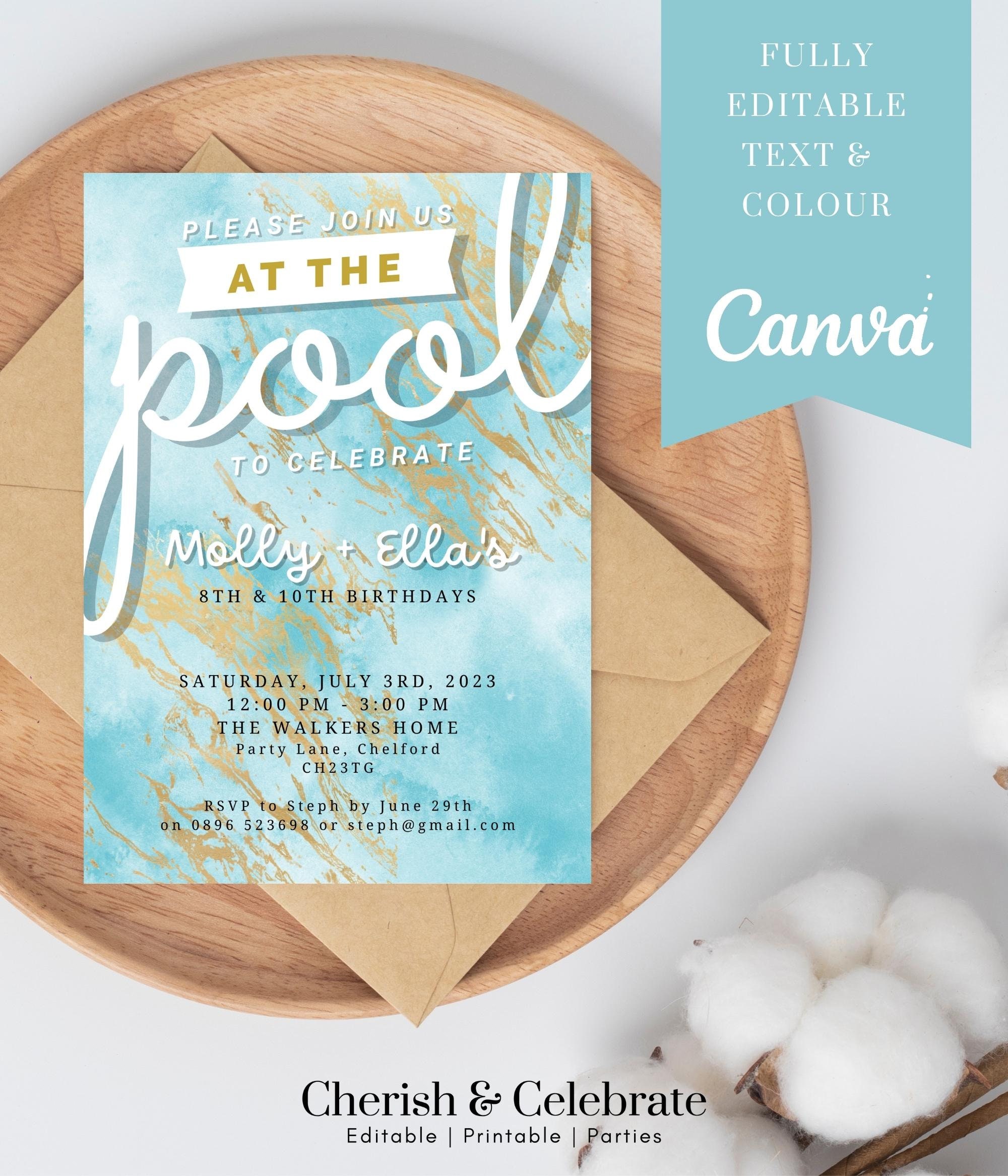 Blue Gold Pool Party Birthday Invitation | Editable Swimming Birthday ...