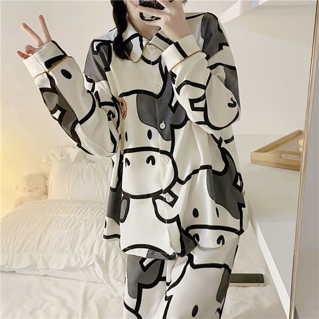 Cute Cow Cartoon Printed Pajamas Suit Set for Ladies, Japanese Inspire ...