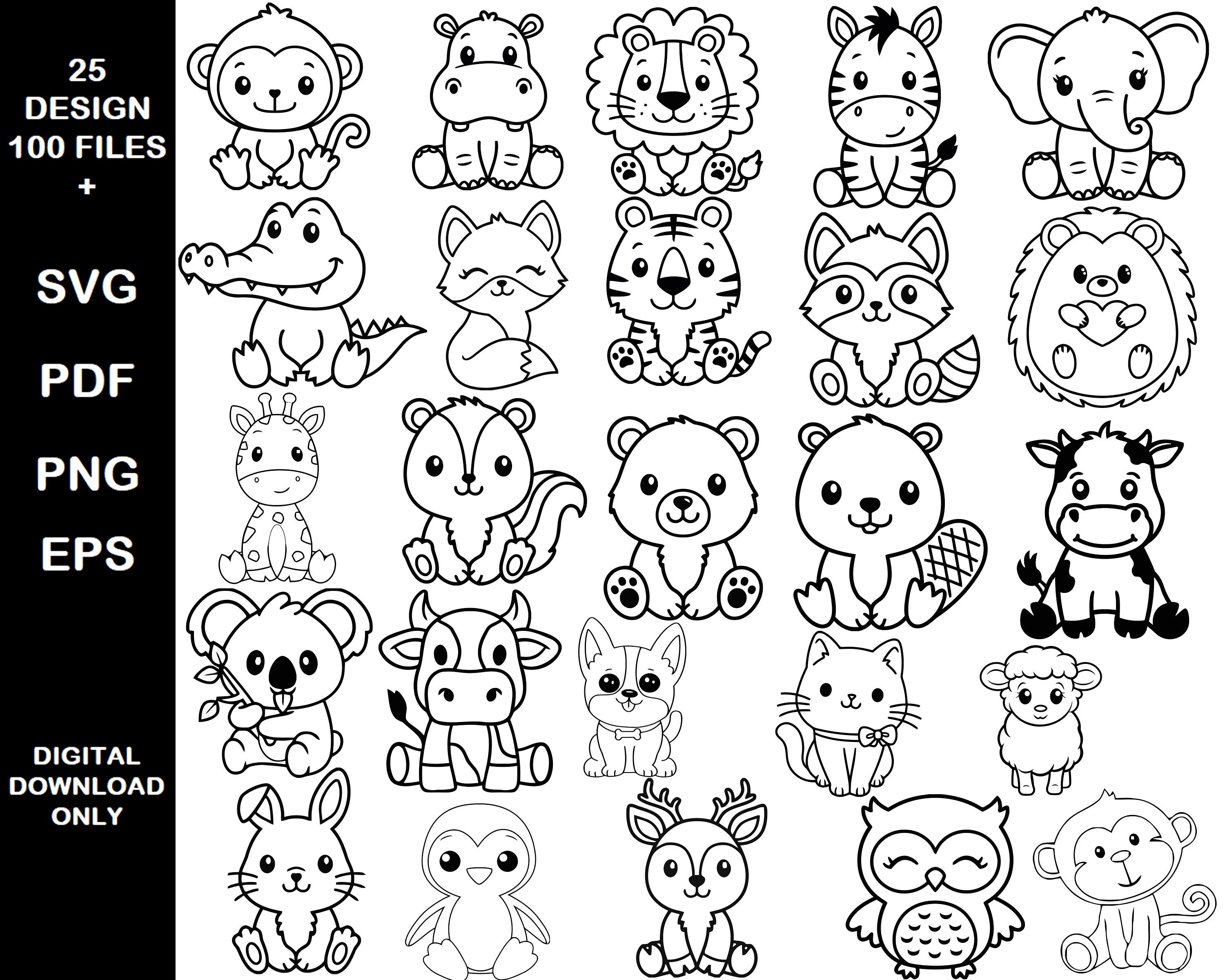 Safari Animals Outline Coloring SVG Clipart Wild Jungle Animals Lion ...