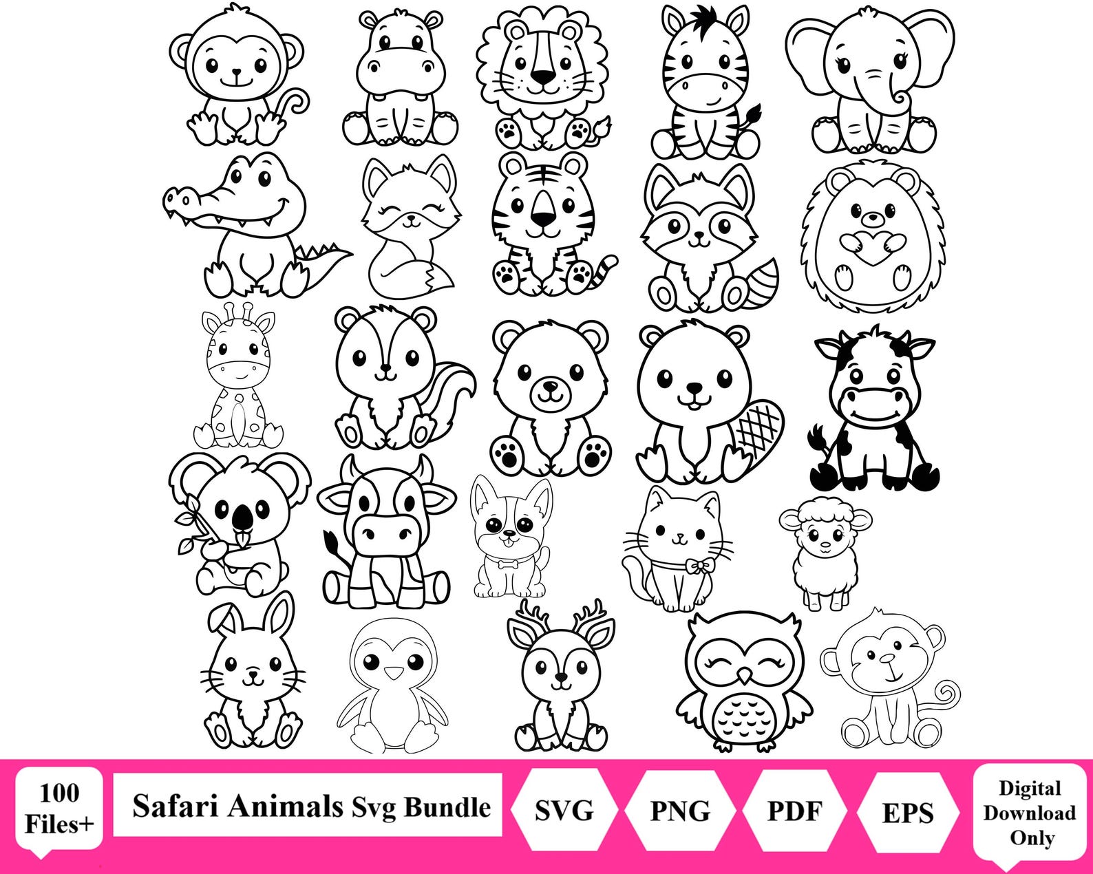 Safari Animals Outline Coloring SVG Clipart Wild Jungle Animals Lion ...
