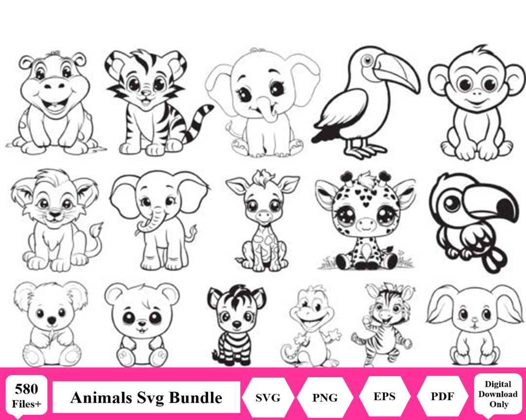 580 Cute Baby Animals Svg Bundle, Safari Animals Outline SVG, Cute ...