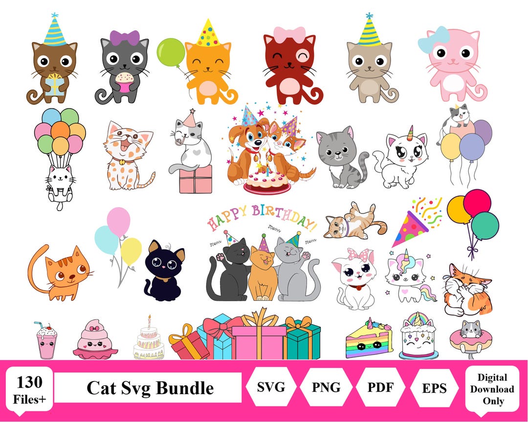 Birthday Cats Clipart Cute Cat Party Clip Art Kawaii Kitten Kitty Icons ...