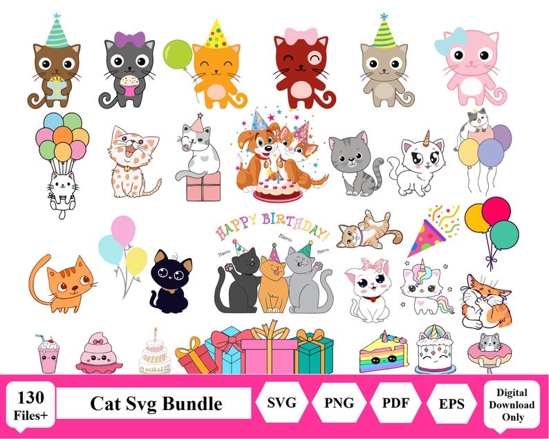 Birthday Cats Clipart Cute Cat Party Clip Art Kawaii Kitten Kitty Icons ...