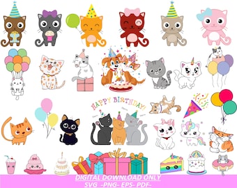 Birthday Cats Clipart Cute Cat Party Clip Art Kawaii Kitten Kitty Icons ...