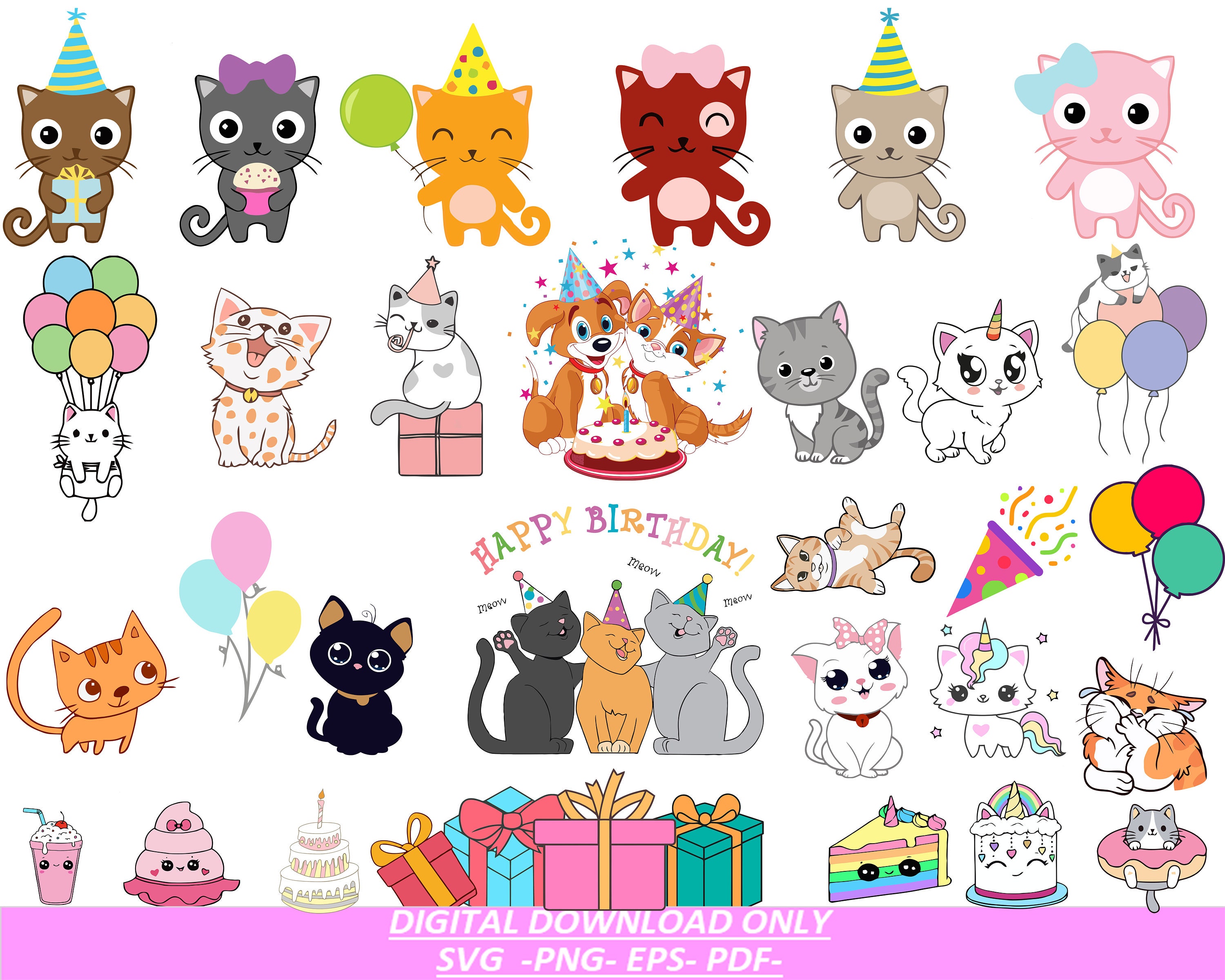 Birthday Cats Clipart Cute Cat Party Clip Art Kawaii Kitten - Etsy